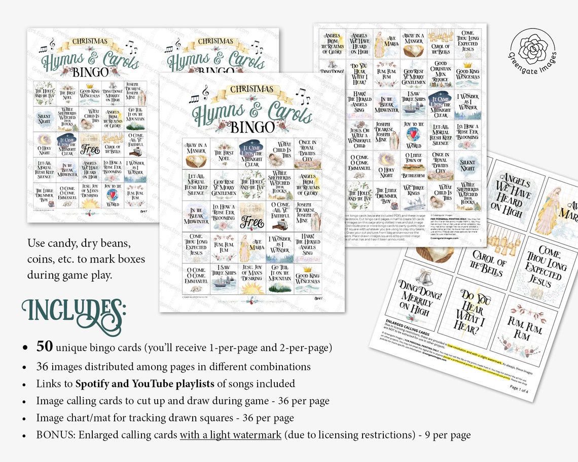 Christmas Hymn Bingo - 50 PRINTABLE Unique Cards. Instant Download PDF ...