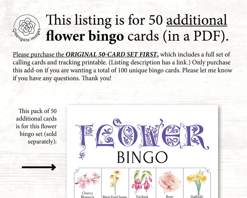 ADD-ON: 50 Additional Flowers Bingo Cards (numbered 51-100) to Go With ...