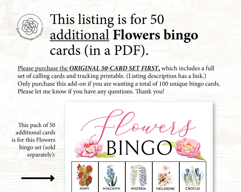 ADD-ON: 50 Additional Flowers Bingo Cards numbered 51-100 to - Etsy