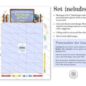 FILLABLE School Bingo Template: 50 Cards Printable Bingo Pdf, Editable ...