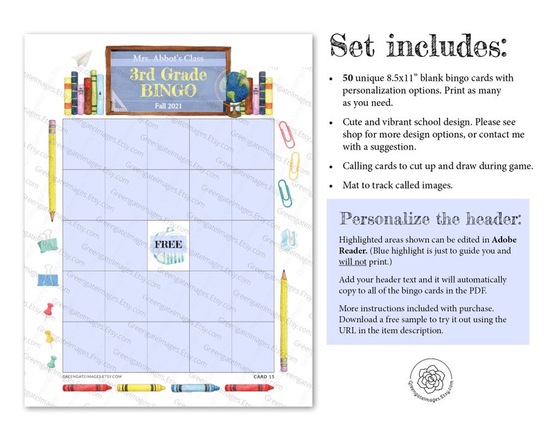 FILLABLE School Bingo Template: 50 Cards Printable Bingo Pdf, Editable ...