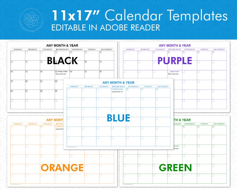 11x17" Editable Calendar Templates - Landscape Calendars, Set of ...