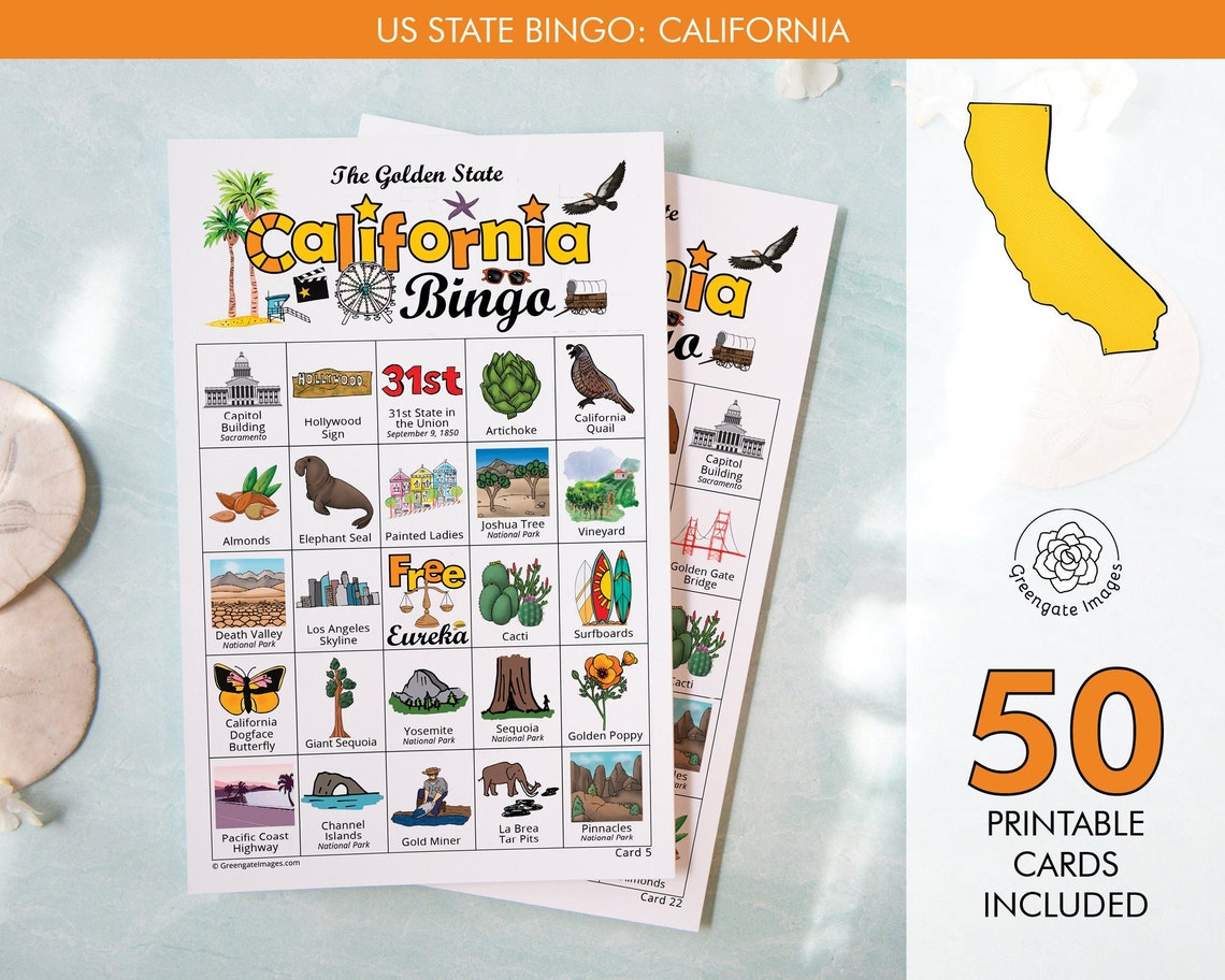 California Bingo - 50 PRINTABLE Unique Cards You Download Instantly ...
