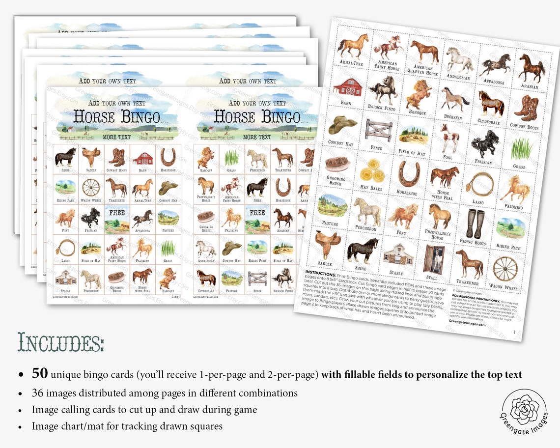 Horse Bingo: 50 Printable Bingo Cards Cowgirl Party Cowboy - Etsy