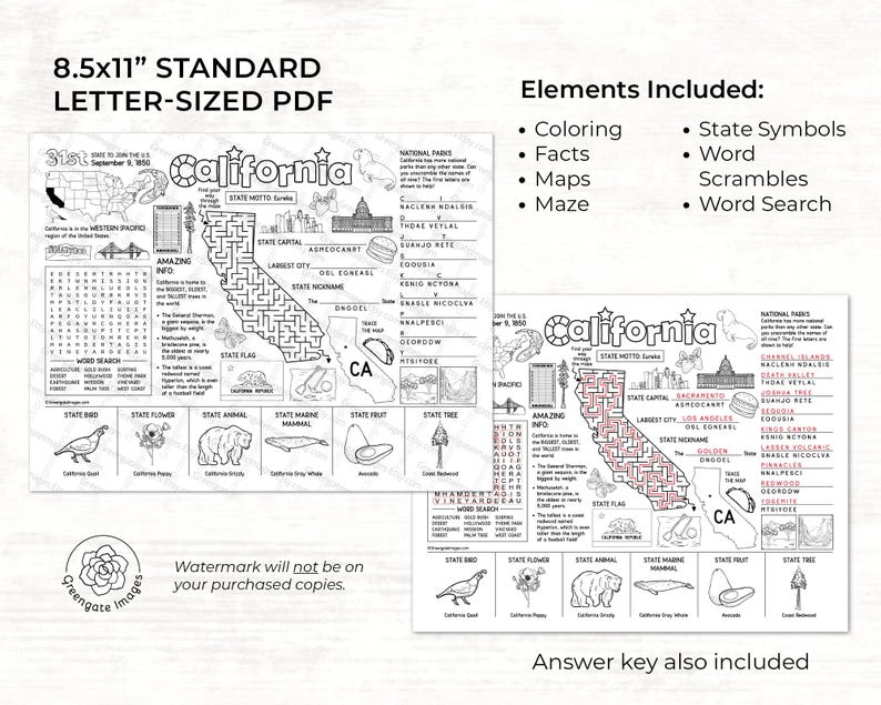 California Activity Page - PRINTABLE Instant Download PDF Kids Game. CA ...