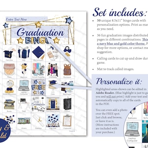 Graduation Bingo - 50 PRINTABLE Unique Cards. Navy Blue and Gold Color ...