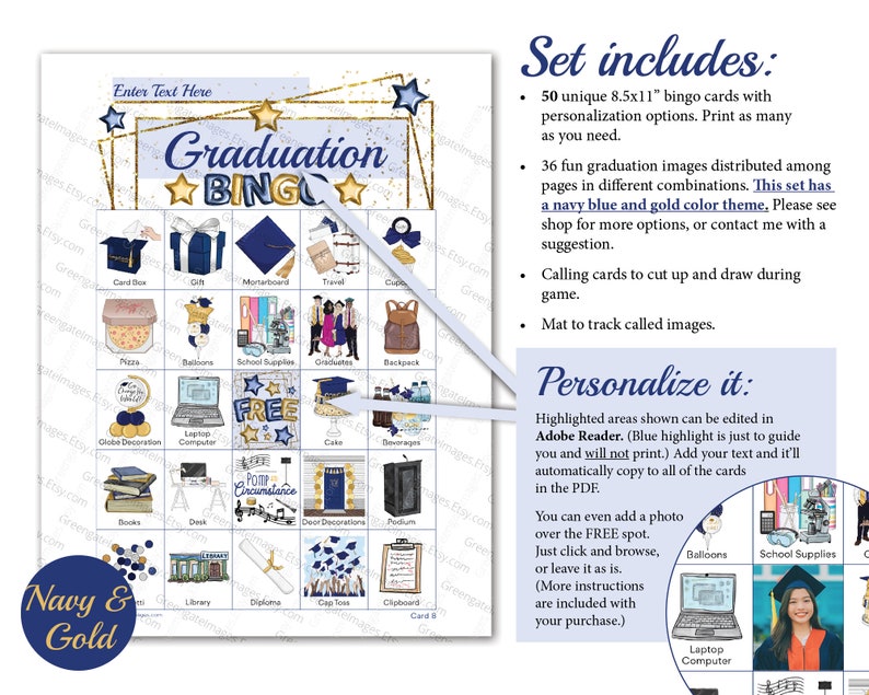 Graduation Bingo - 50 PRINTABLE Unique Cards. Navy Blue and Gold Color ...