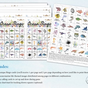 Ocean Bingo Cards: Printable Bingo Cards, 50 Cards, Kids Game Activity ...