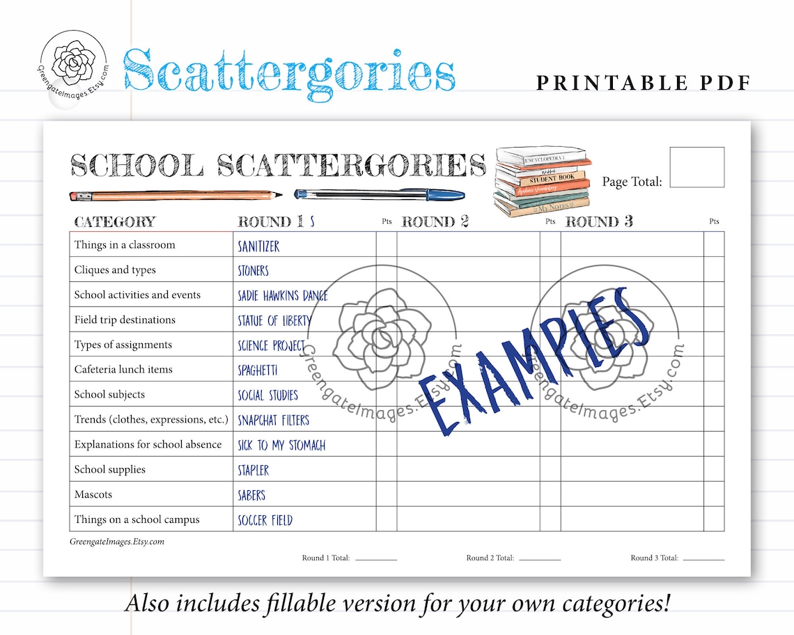 School Scattergories Printable Scattergories Template Party - Etsy Canada