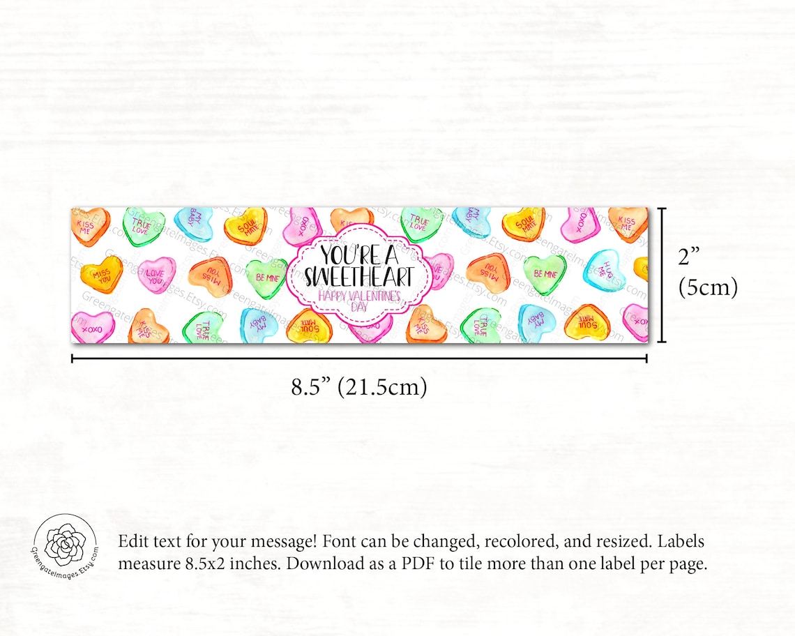 Conversation Hearts Water Bottle Label - Printable, Corjl Editable ...