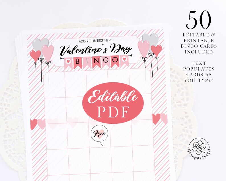 FILLABLE Valentine Heart Bingo Template: 50 Cards Printable Pdf ...