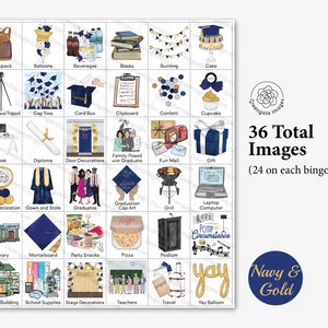 Graduation Bingo - 50 PRINTABLE Unique Cards. Navy Blue and Gold Color ...