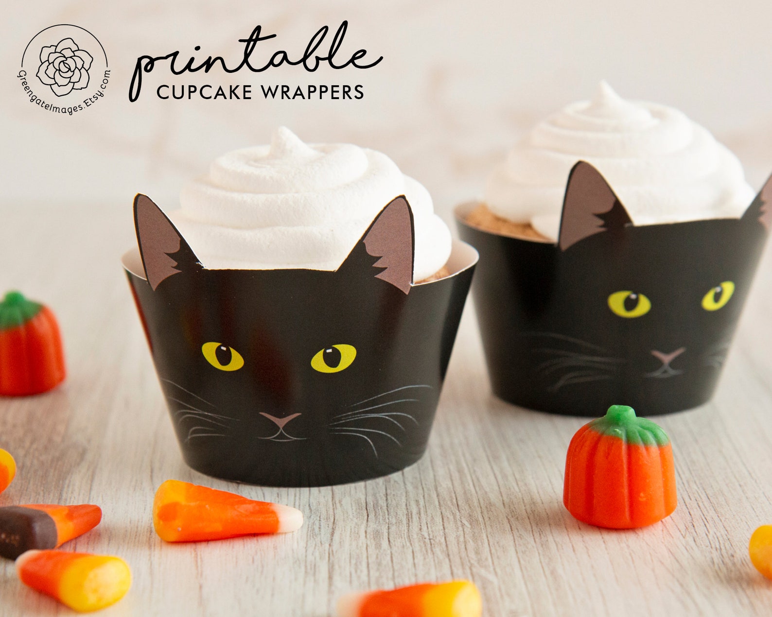 Black Cat Cupcake Wrappers - PRINTABLE Halloween Cupcake Wrappers, Cute ...