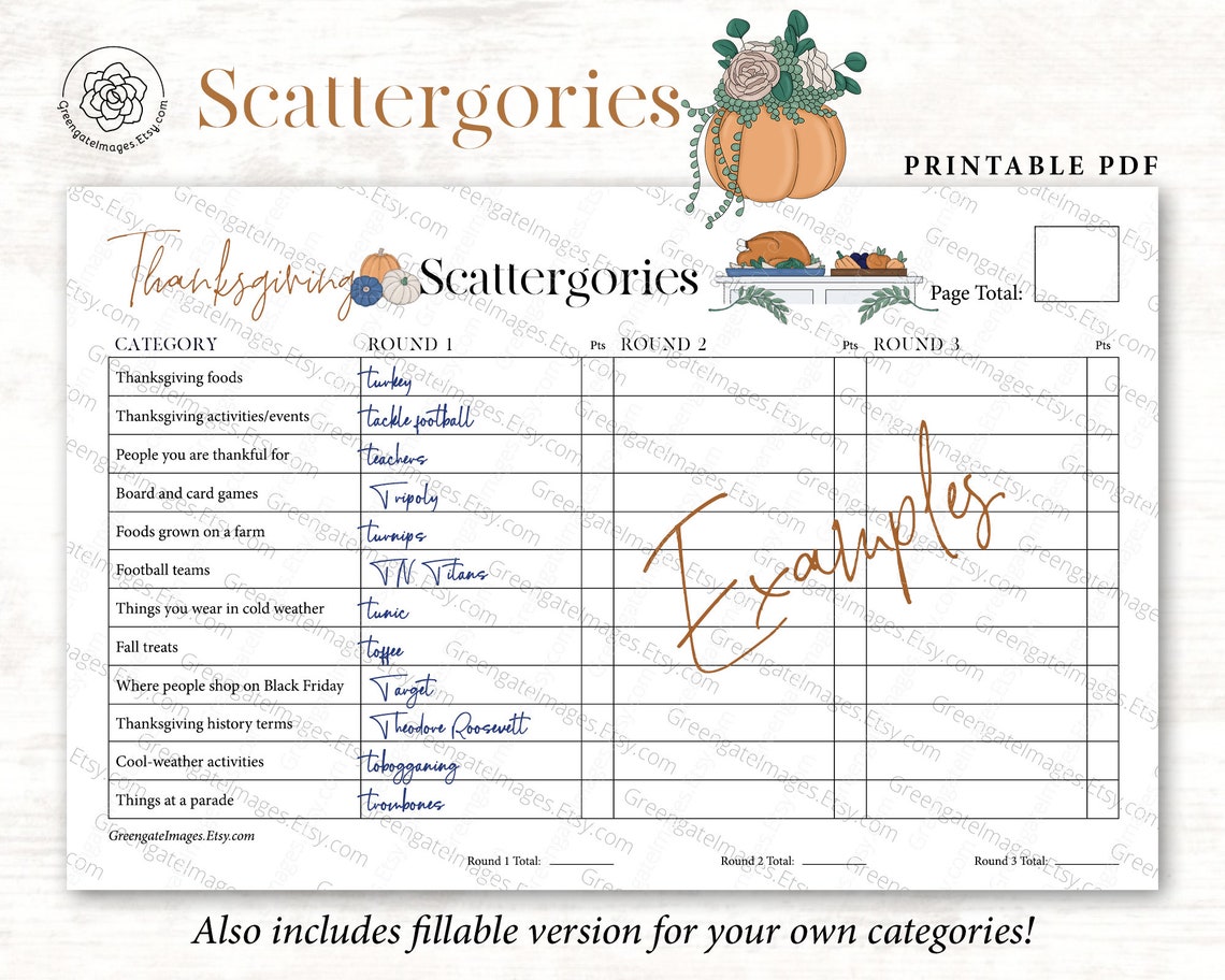 Thanksgiving Scattergories Printable Scattergories Template - Etsy