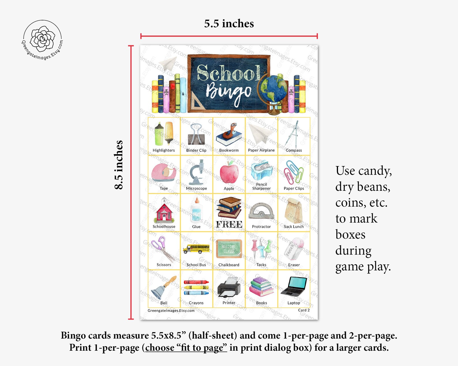 School Bingo Cards: Printable Bingo Cards Color Pictures 50 - Etsy
