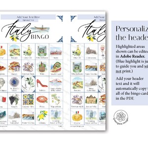 Italy Bingo - PRINTABLE 50 Group Game Idea, Personalized Editable ...