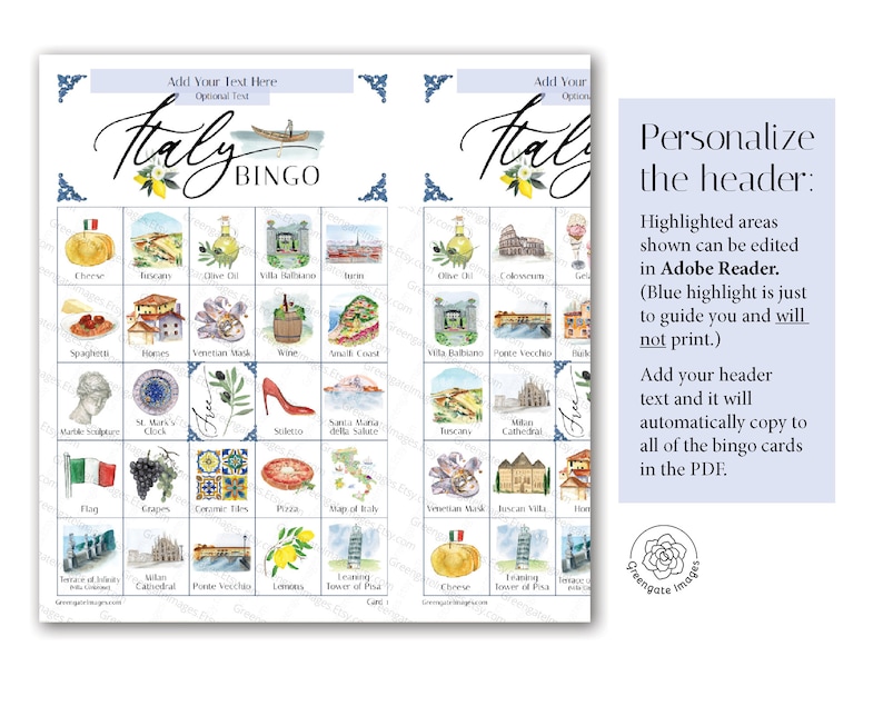 Italy Bingo PRINTABLE 50 Group Game Idea Personalized - Etsy