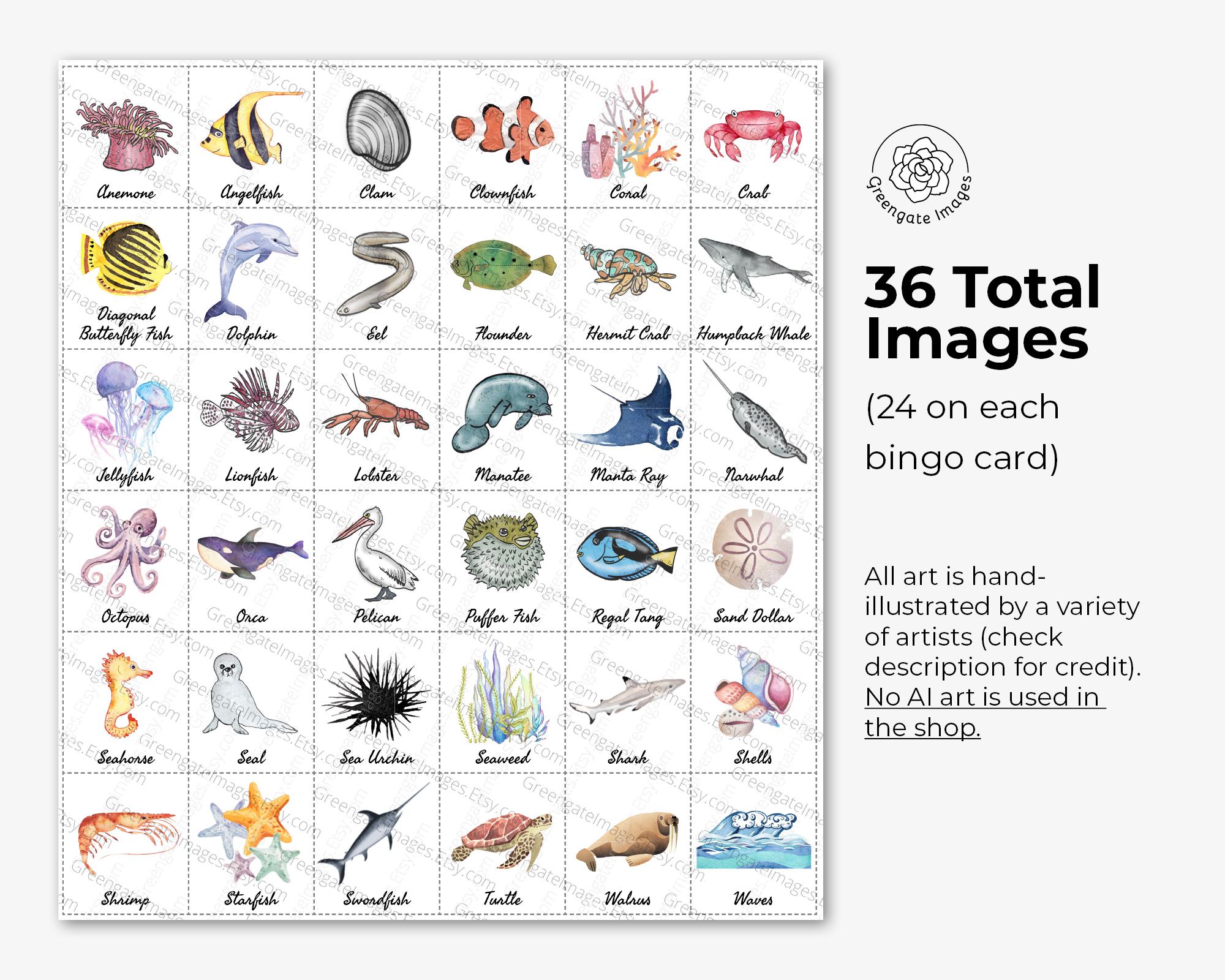 Ocean Bingo Cards: Printable Bingo Cards, 50 Cards, Kids Game Activity ...
