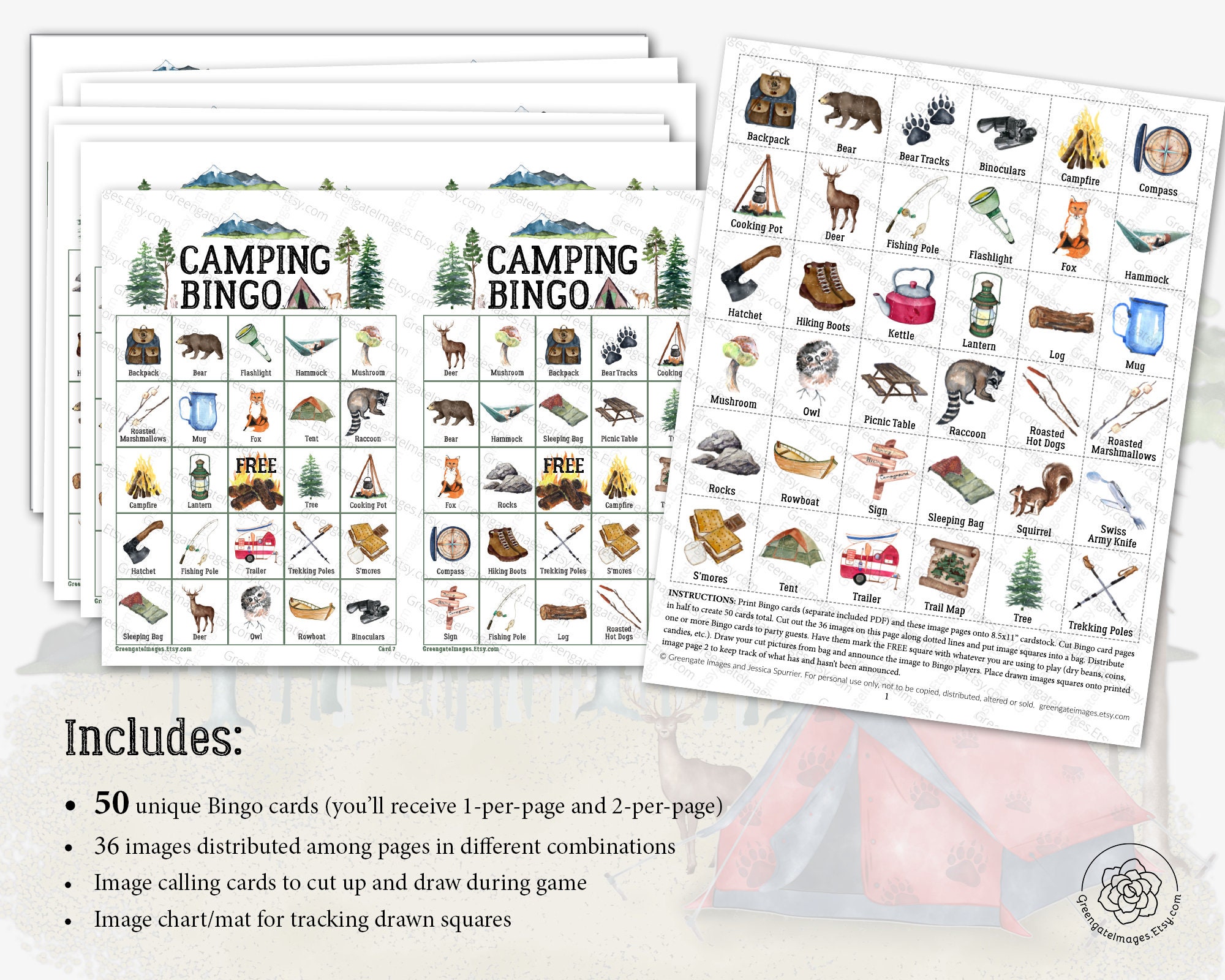 Camping Bingo: PRINTABLE 50 cards bingo pdf game party game | Etsy