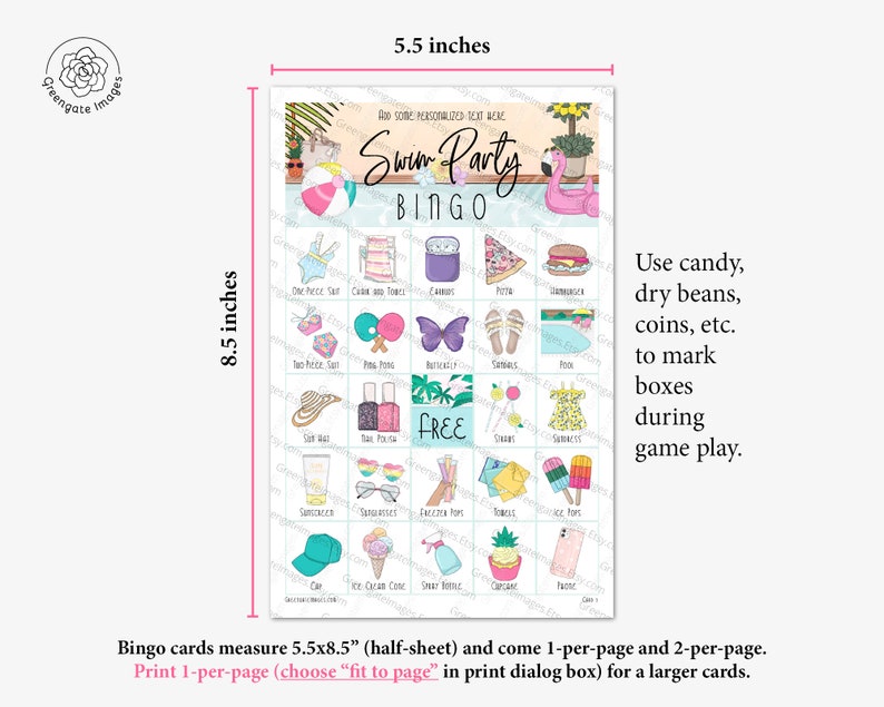 Pool Party Bingo - 50 Printable Bingo Cards. Personalized Editable ...