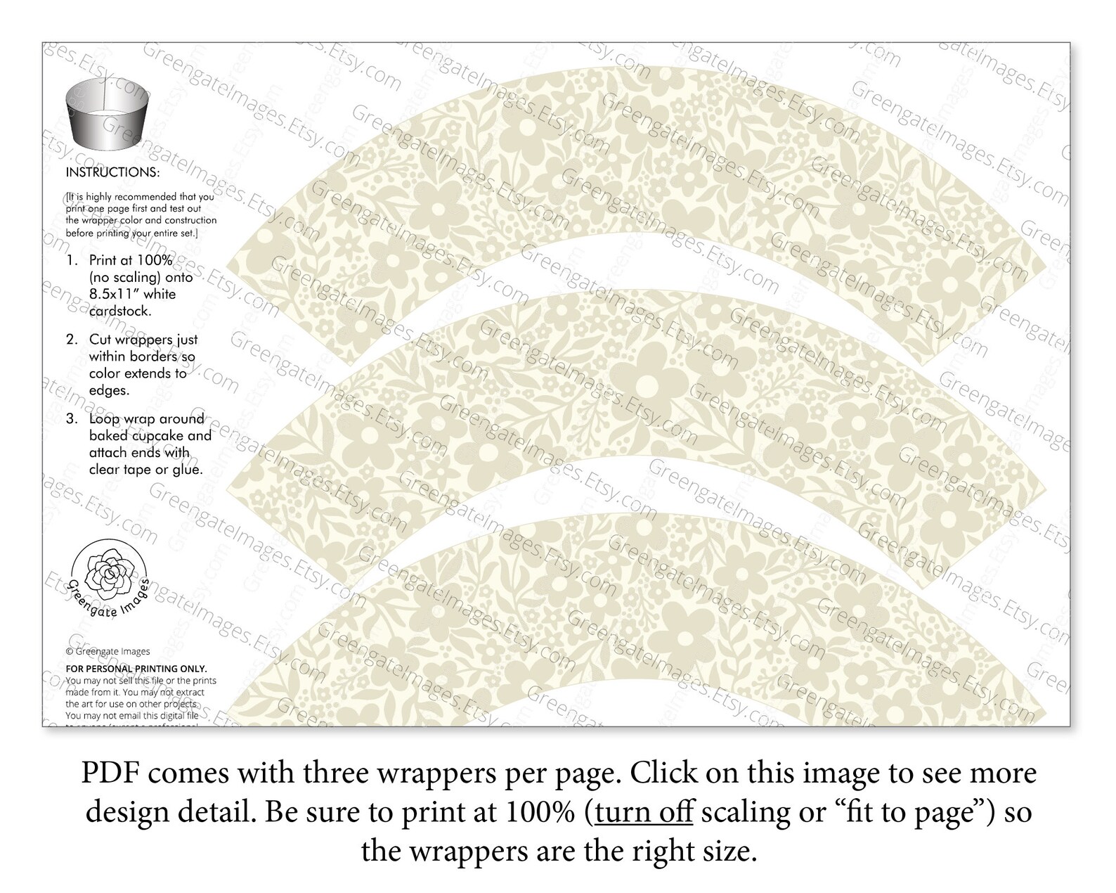 Ivory and Beige Floral Cupcake Wrappers - PRINTABLE Instant Download ...