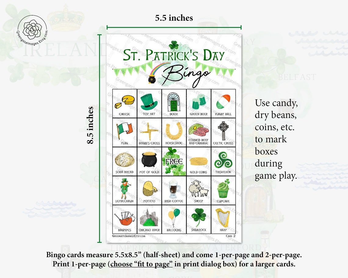 St. Patrick's Day Bingo Cards: Printable Bingo Cards, 50 Cards, Kids ...