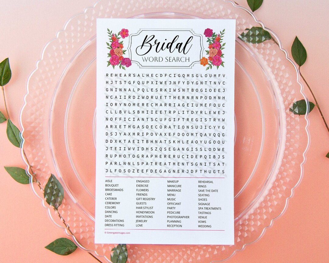 Hot Pink + Orange Bridal Word Search - PRINTABLE Downloadable Activity ...
