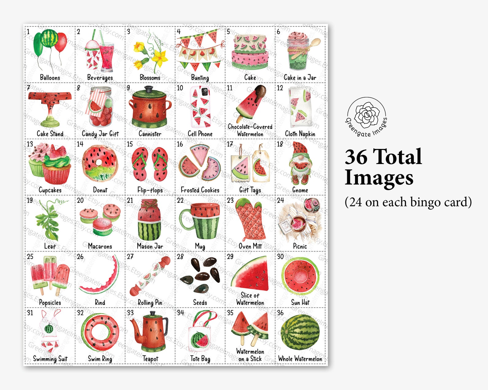 Watermelon Bingo 50 PRINTABLE Unique Cards. Instant Digital Download ...