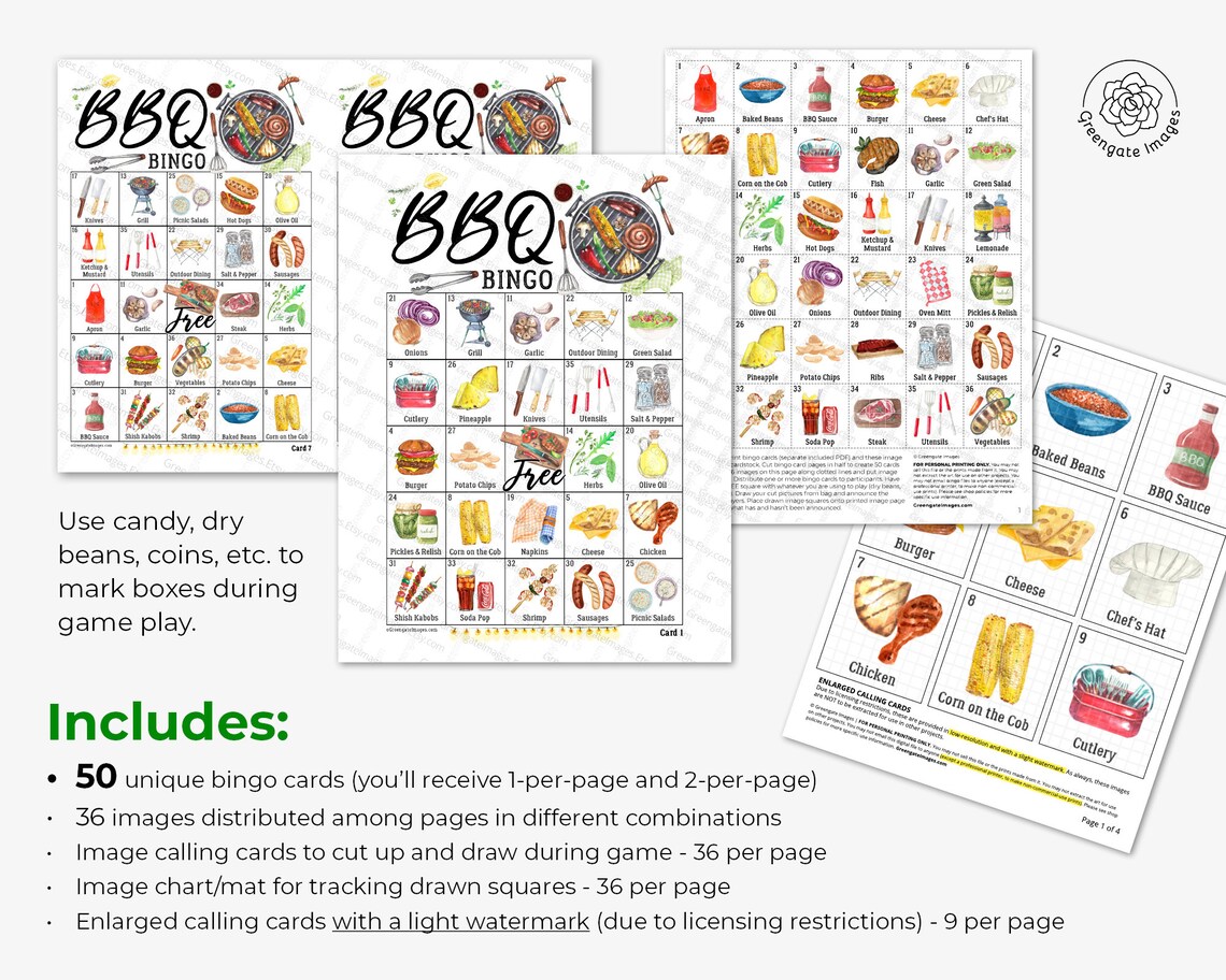 BBQ Bingo - 50 PRINTABLE Unique Cards. Instant Digital Download PDF ...