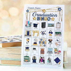 Graduation Bingo - 50 PRINTABLE Unique Cards. Navy Blue and Gold Color ...