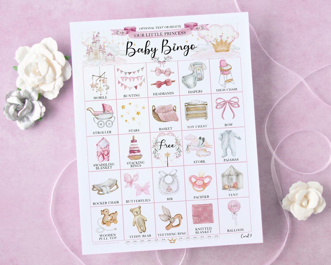 PRINCESS Baby Shower Bingo - 100 Unique Cards. PRINTABLE Pdf ...