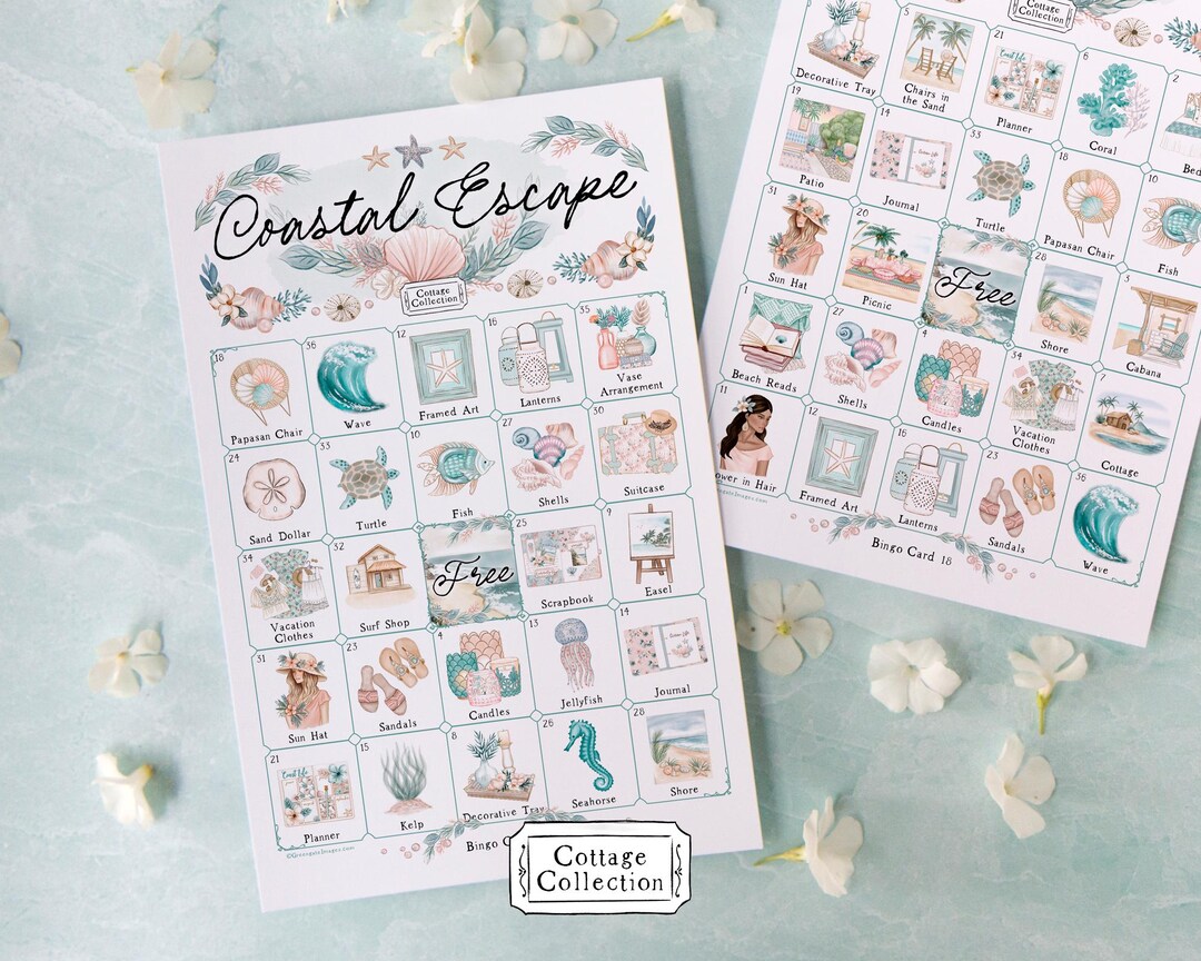 Coastal Escape Bingo - 50 Unique Cards. Cottagecore Beach Game for ...