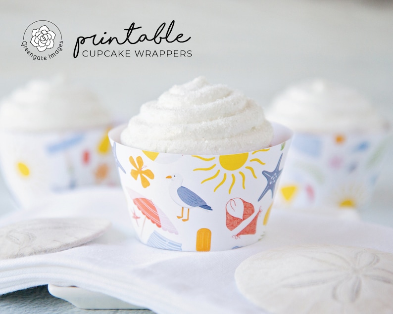 Summer Beach Cupcake Wrapper - PRINTABLE Instant Download, Swimming ...