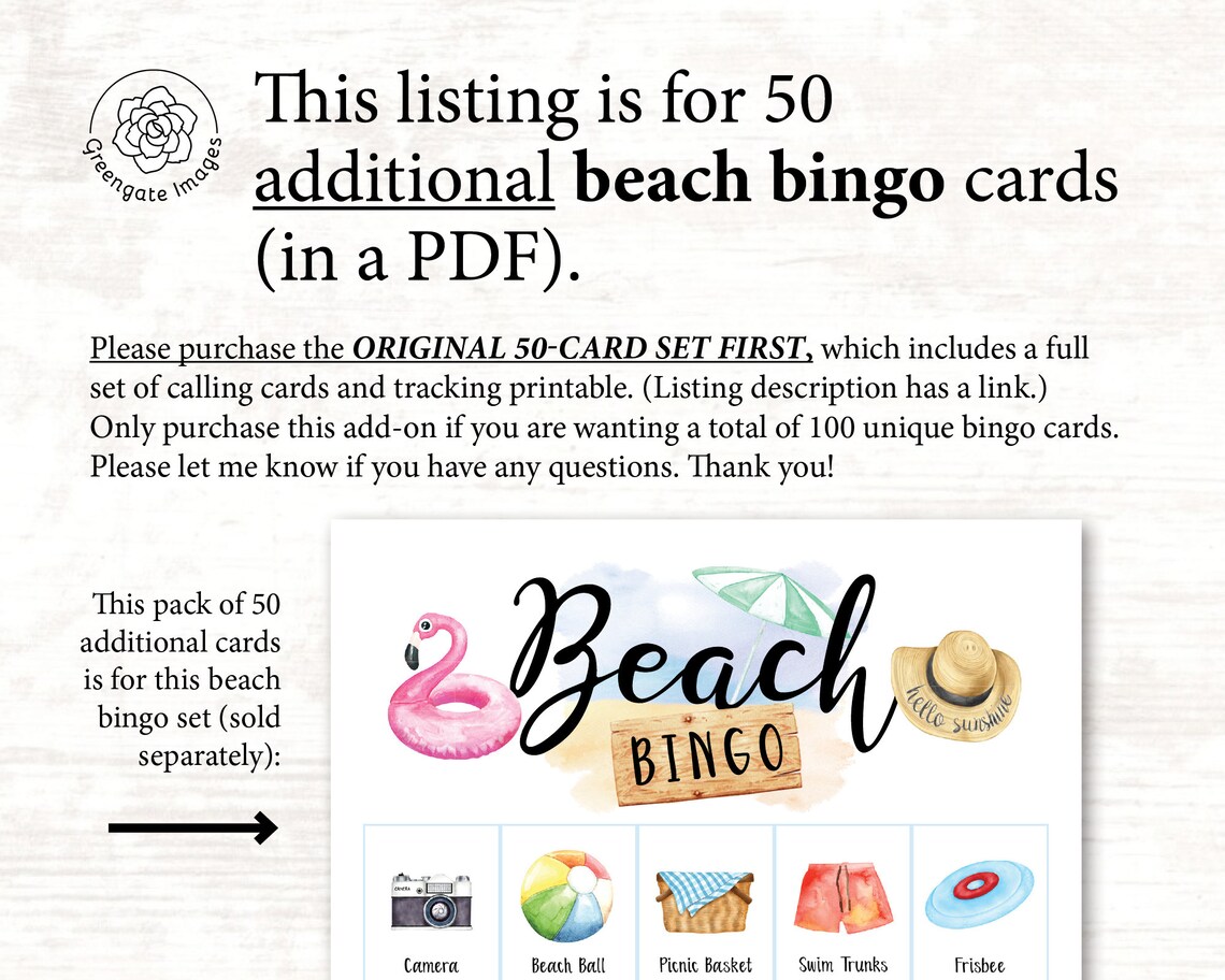 ADD-ON: 50 Additional Beach Bingo Cards numbered 51-100 to - Etsy