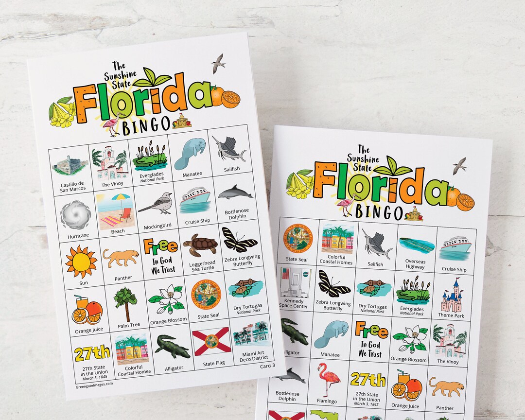 Florida Bingo Cards - 50 PRINTABLE Unique Cards You Download Instantly ...