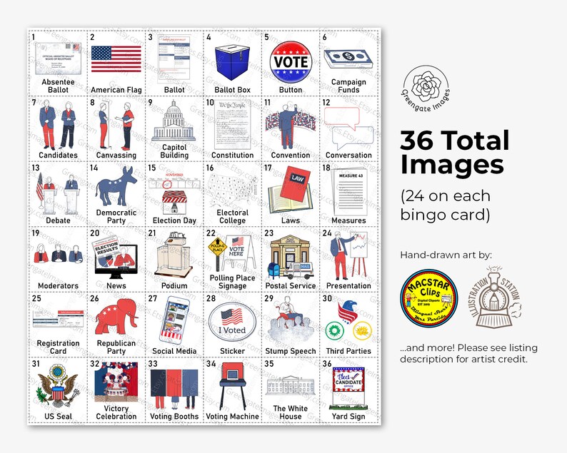 Election Bingo - 50 PRINTABLE Unique Cards. Instant Digital Download ...