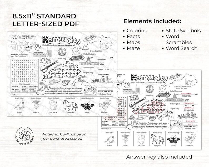 PRINTABLE Kentucky Activity Page - Instant Download PDF Kids Games. KY ...