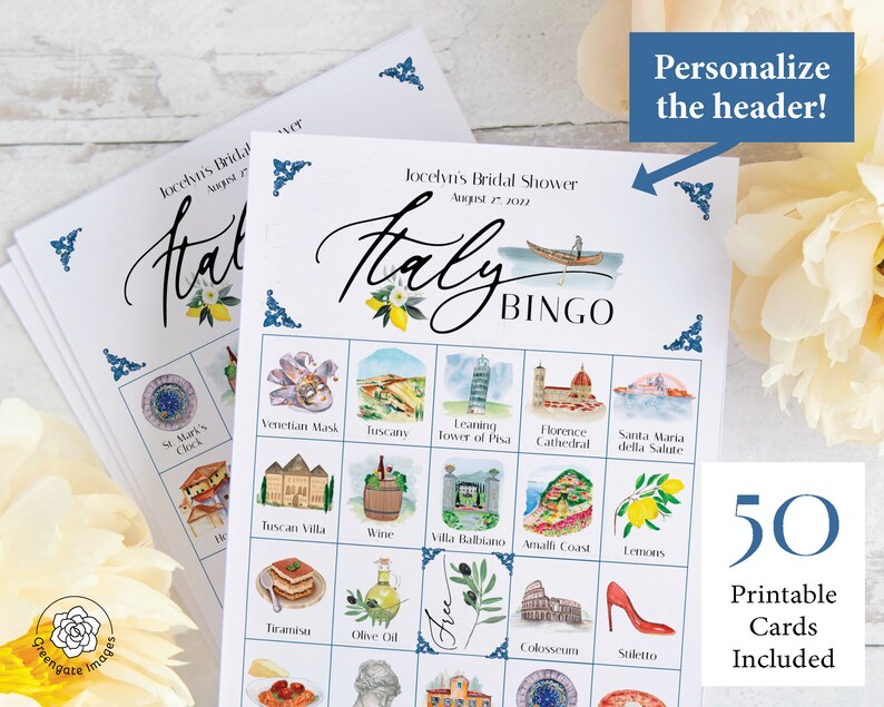 Italy Bingo PRINTABLE 50 Group Game Idea Personalized - Etsy