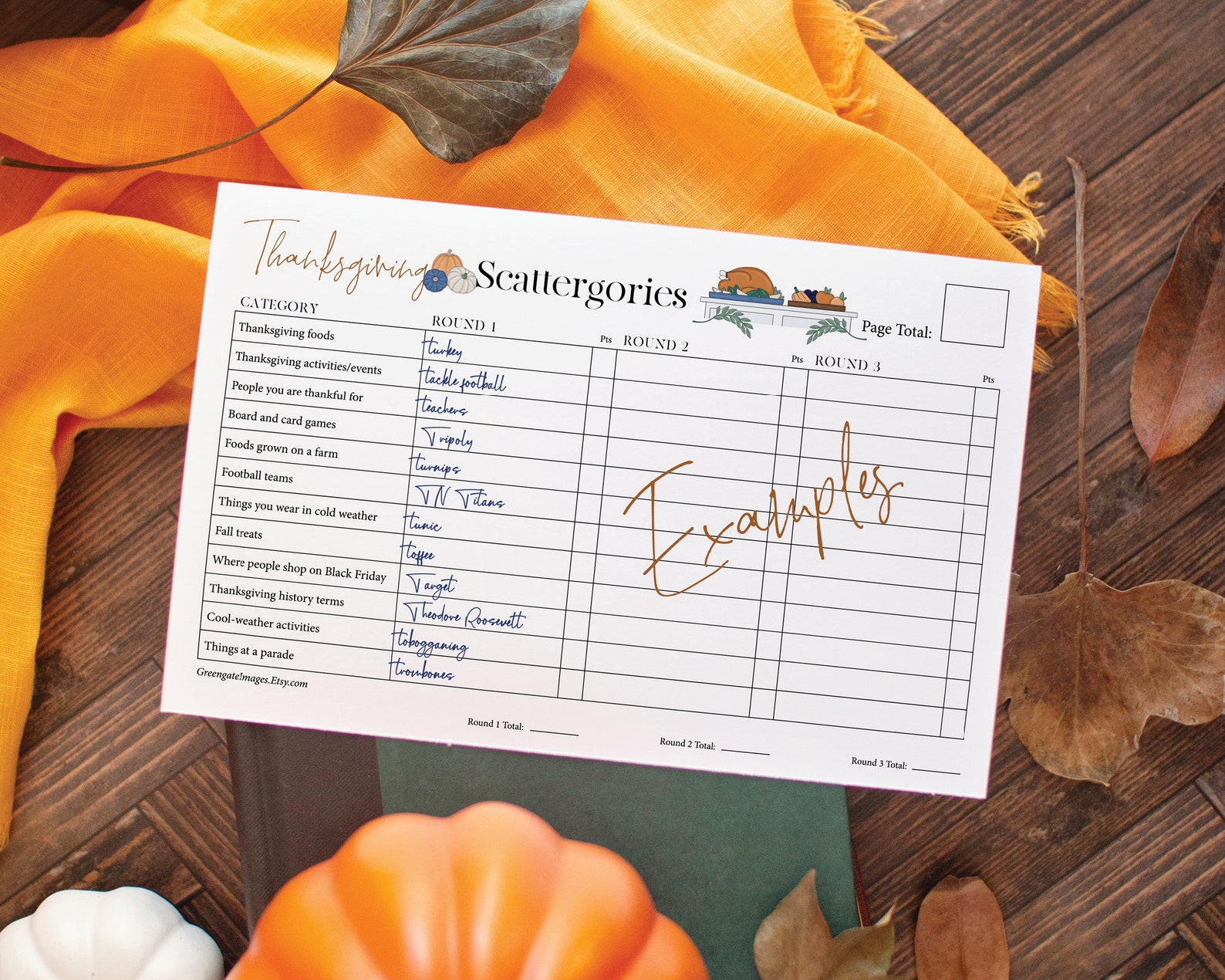 Thanksgiving Categories - PRINTABLE Instant Download PDF. Template ...