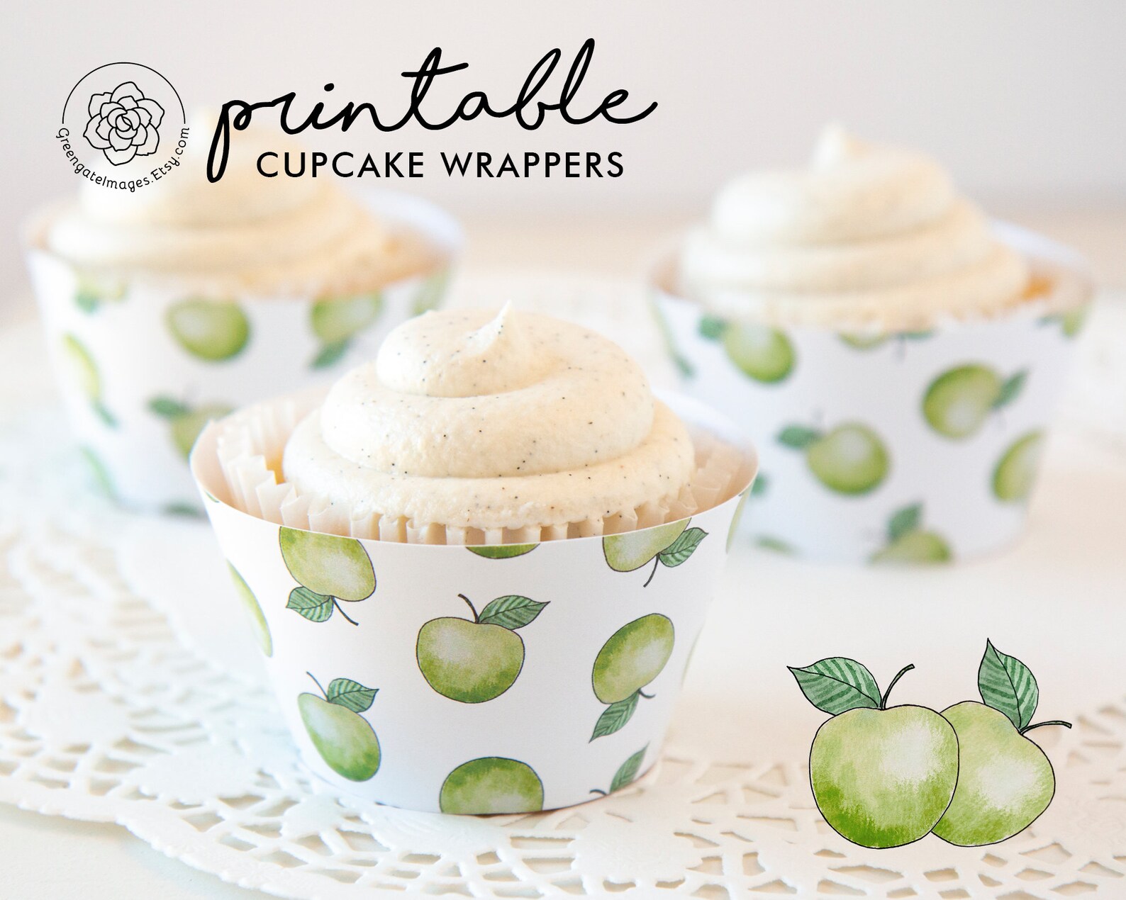 Green Apple Cupcake Wrapper - Printable Cupcake, Printable Pdf, Fall ...