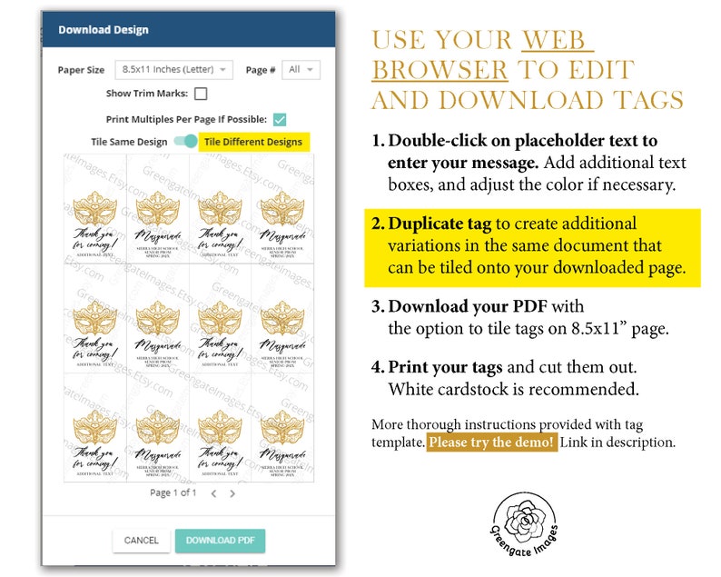GOLD Masquerade Gift Tag PRINTABLE Corjl Editable Favor - Etsy