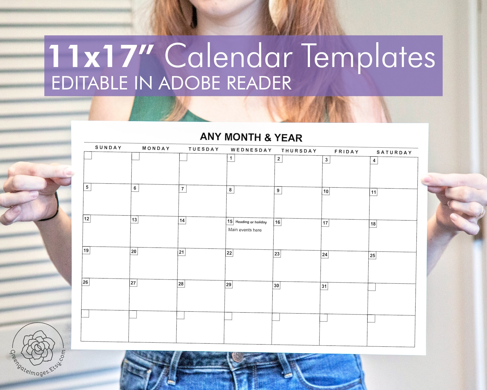 11x17 Calendar Template - Editable Landscape Calendar, Any Month, A3 ...