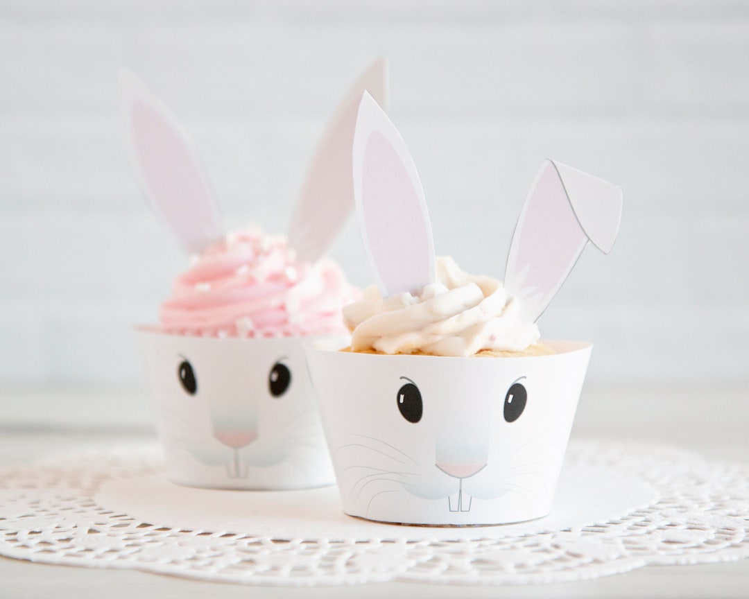 White Bunny Cupcake Wrappers - PRINTABLE Rabbit Faces With Ear Toppers ...