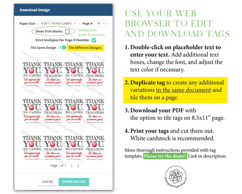 Teacher Gift Tags Printable Gift Tag Editable Corjl Favor - Etsy