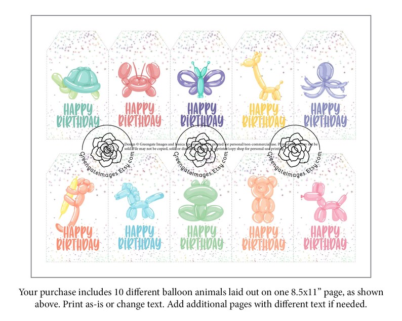 Balloon Animal Birthday Gift Tags - Printable Gift Tag, Editable Corjl ...