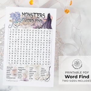 Monsters Word Find - PRINTABLE Downloadable Activity. Halloween Word ...