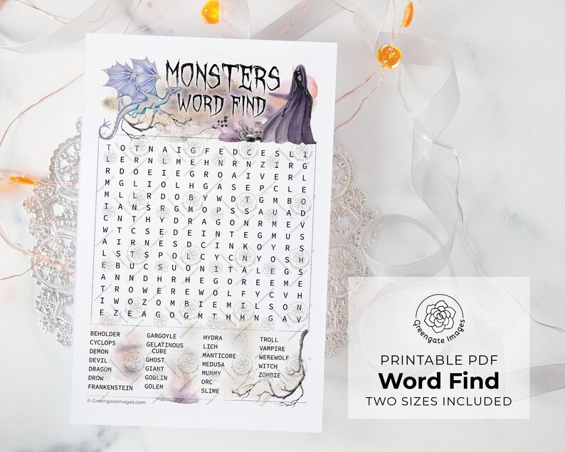 Monsters Word Find PRINTABLE Downloadable Activity. - Etsy