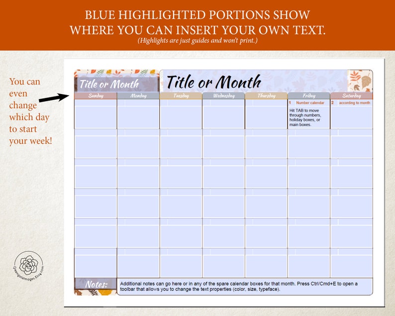 Editable Calendar Templates: Blank Calendar Pages Fall - Etsy