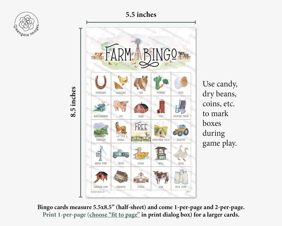 Farm Bingo: 50 Printable Bingo Cards Great for Farm-themed | Etsy
