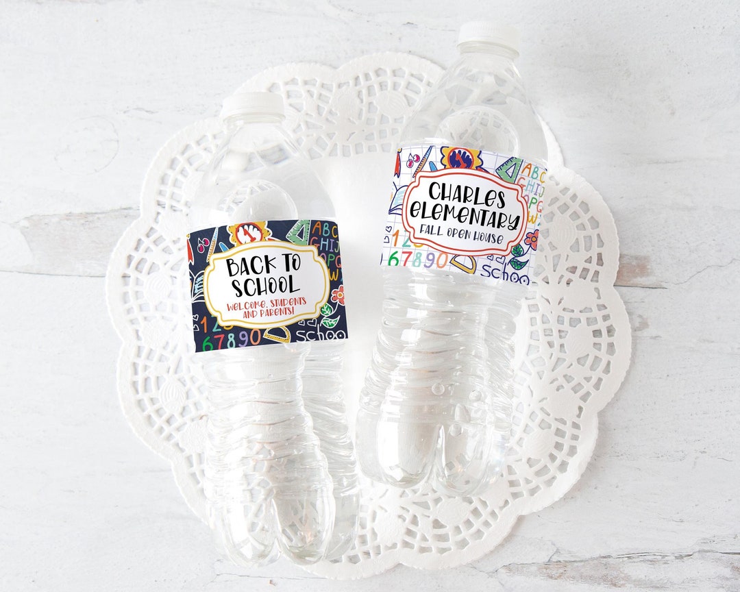 School Pattern Water Bottle Labels - PRINTABLE, Corjl Editable, Back to ...